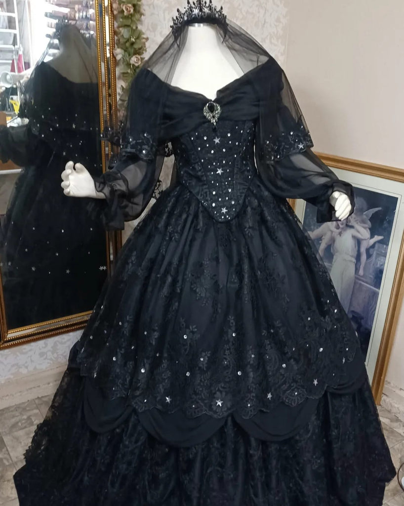 Starry Night Gown Victorian Gothic Wedding Gown New style....black lac ...